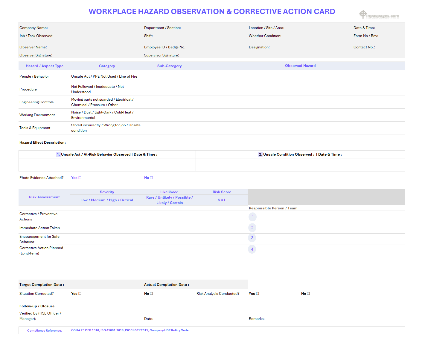 Hazard Observation Card - Corrective Action - Free Download